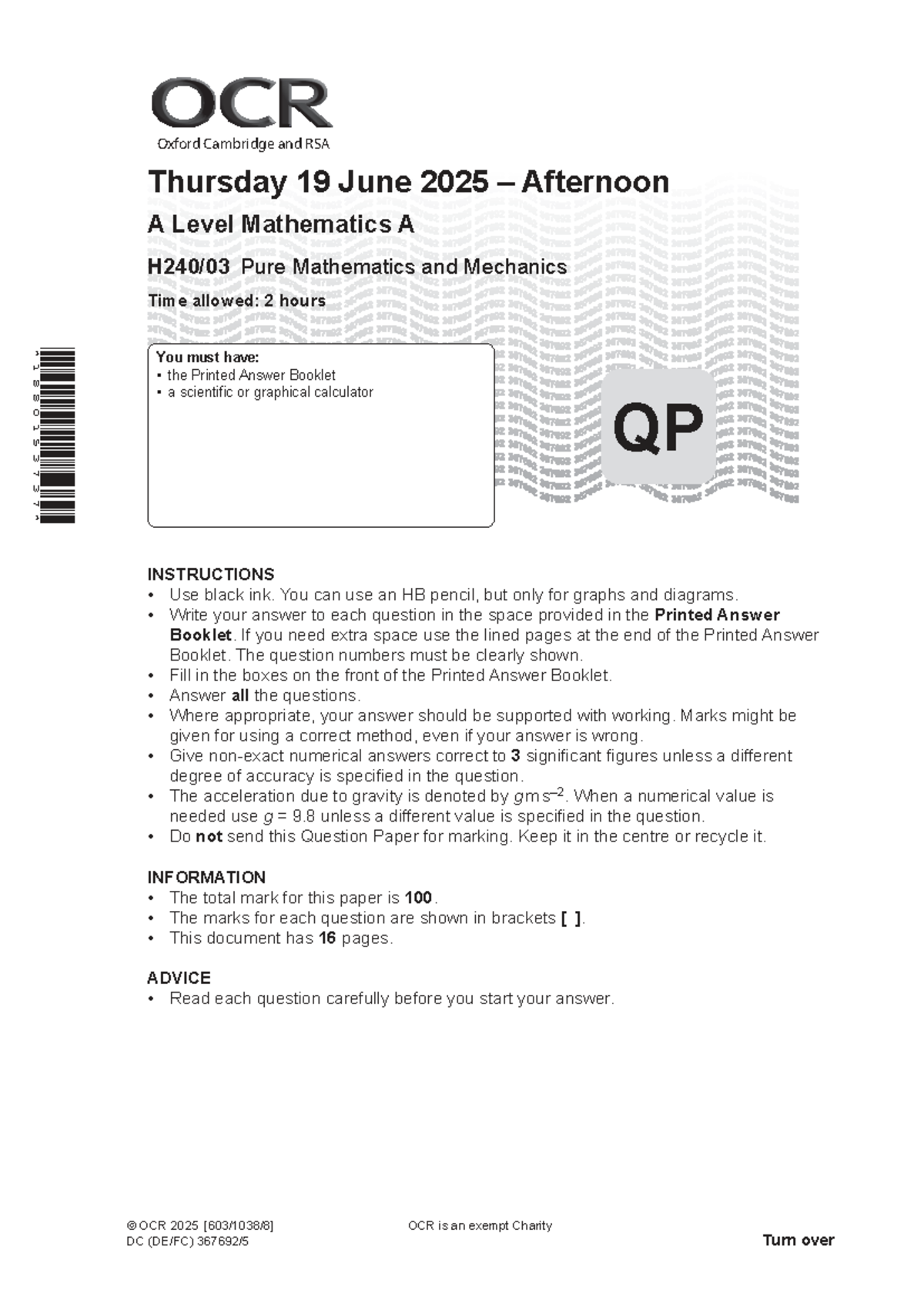 A Level Mathematics A Pure Mathematics & Mechanics QP (H240) - June ...