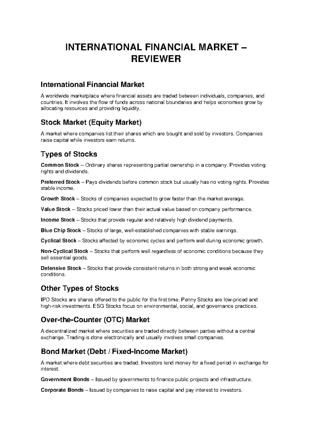 International Financial Market Reviewer: Key Concepts & Types - Studocu