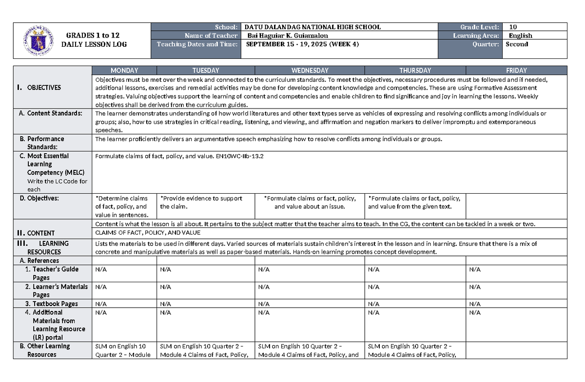 DLL English 10 Q2 W4: Daily Lesson Log and Objectives - Studocu
