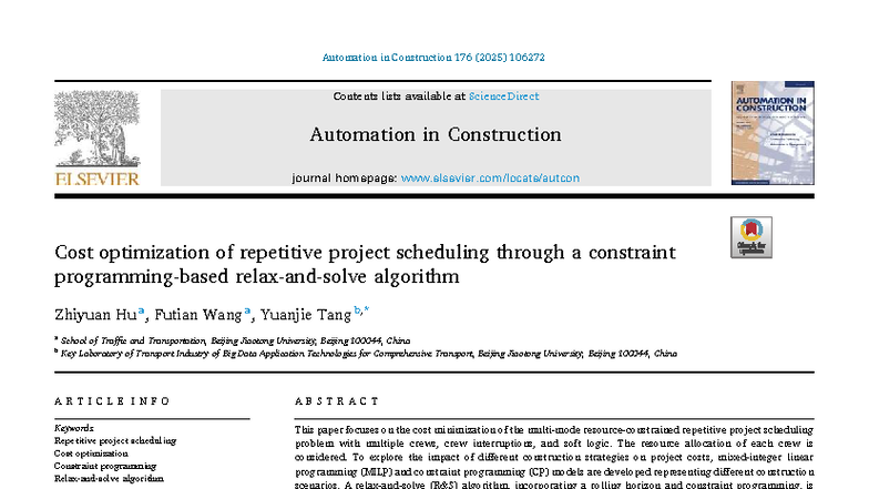 Cost Optimization in Repetitive Project Scheduling: A Constraint Algorithm - Studocu