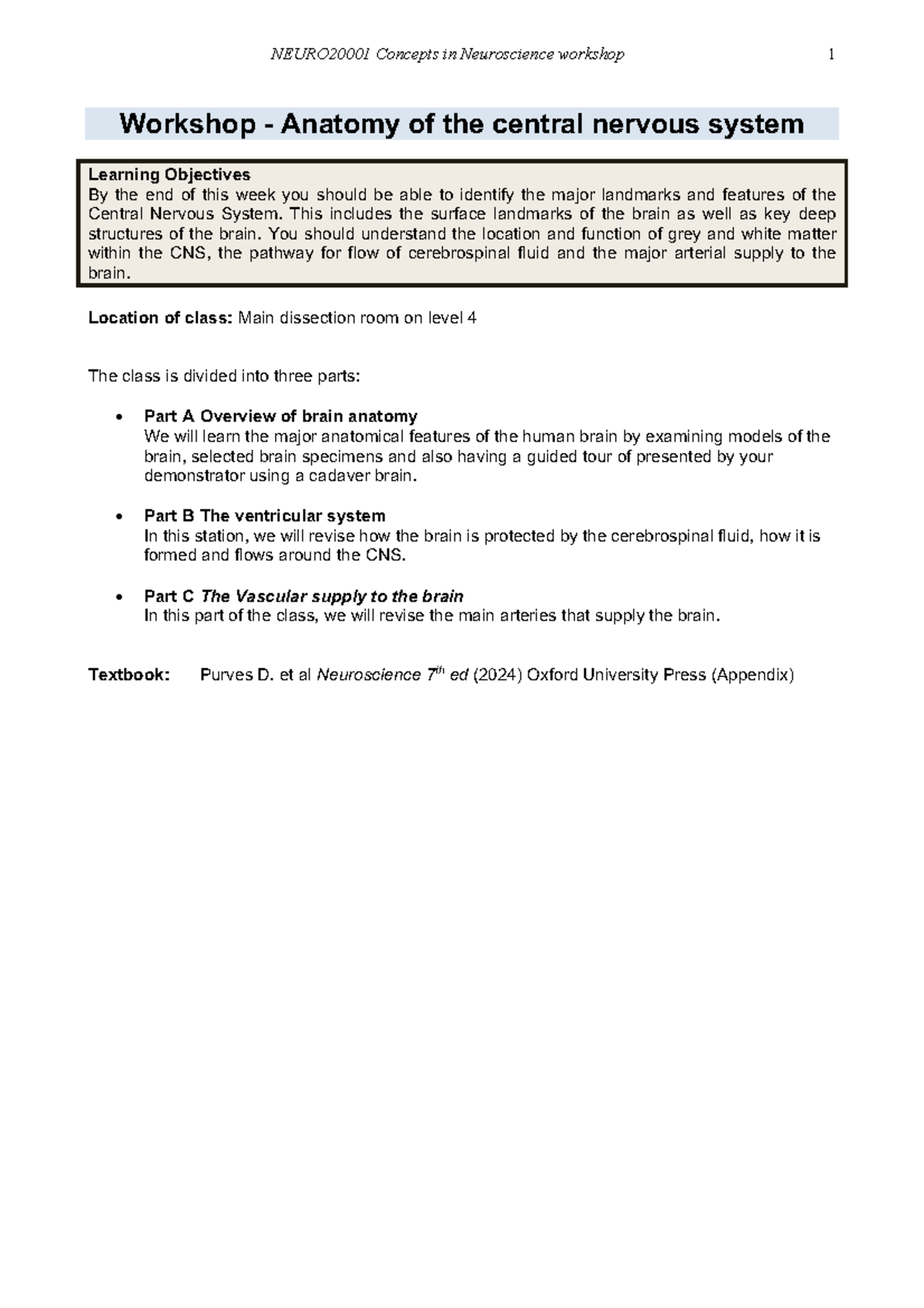 NEUR200001 W1: Anatomy of the Central Nervous System Workshop - Studocu