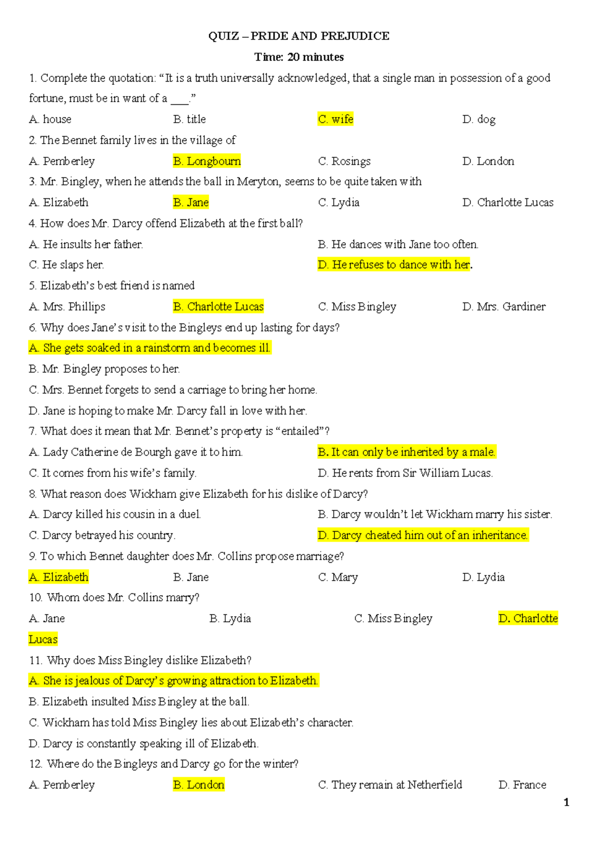 Quiz – Pride and Prejudice No Keys - QUIZ – PRIDE AND PREJUDICE Time ...