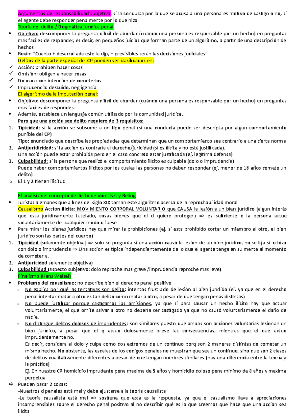 Resumen Penal I final - Argumentos de responsabilidad subjetiva: si la ...