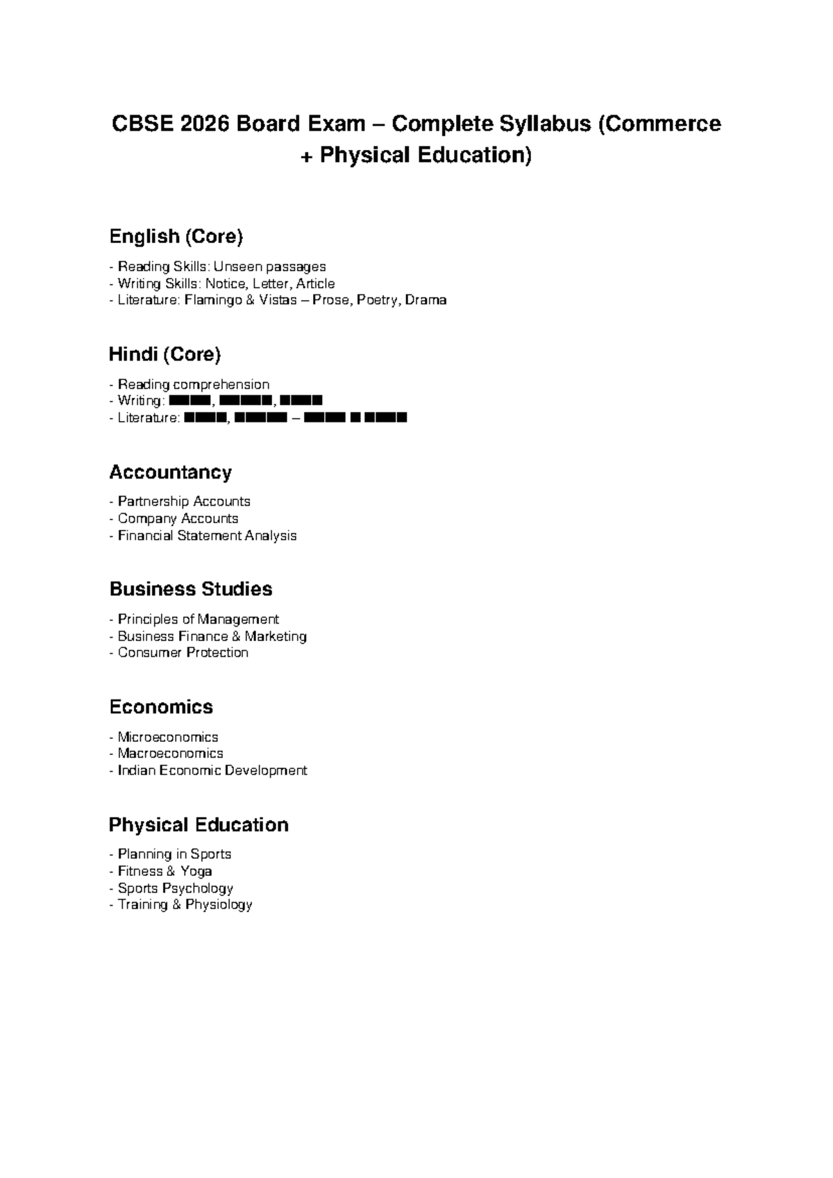 CBSE 2026 Complete Syllabus Commerce PE - CBSE 2026 Board Exam ...