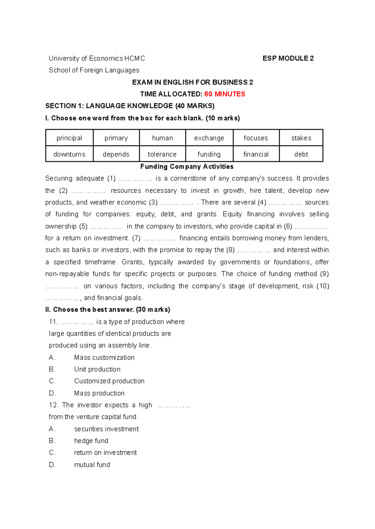 ESP MODULE 2: Exam in English for Business - Sample Test - Studocu