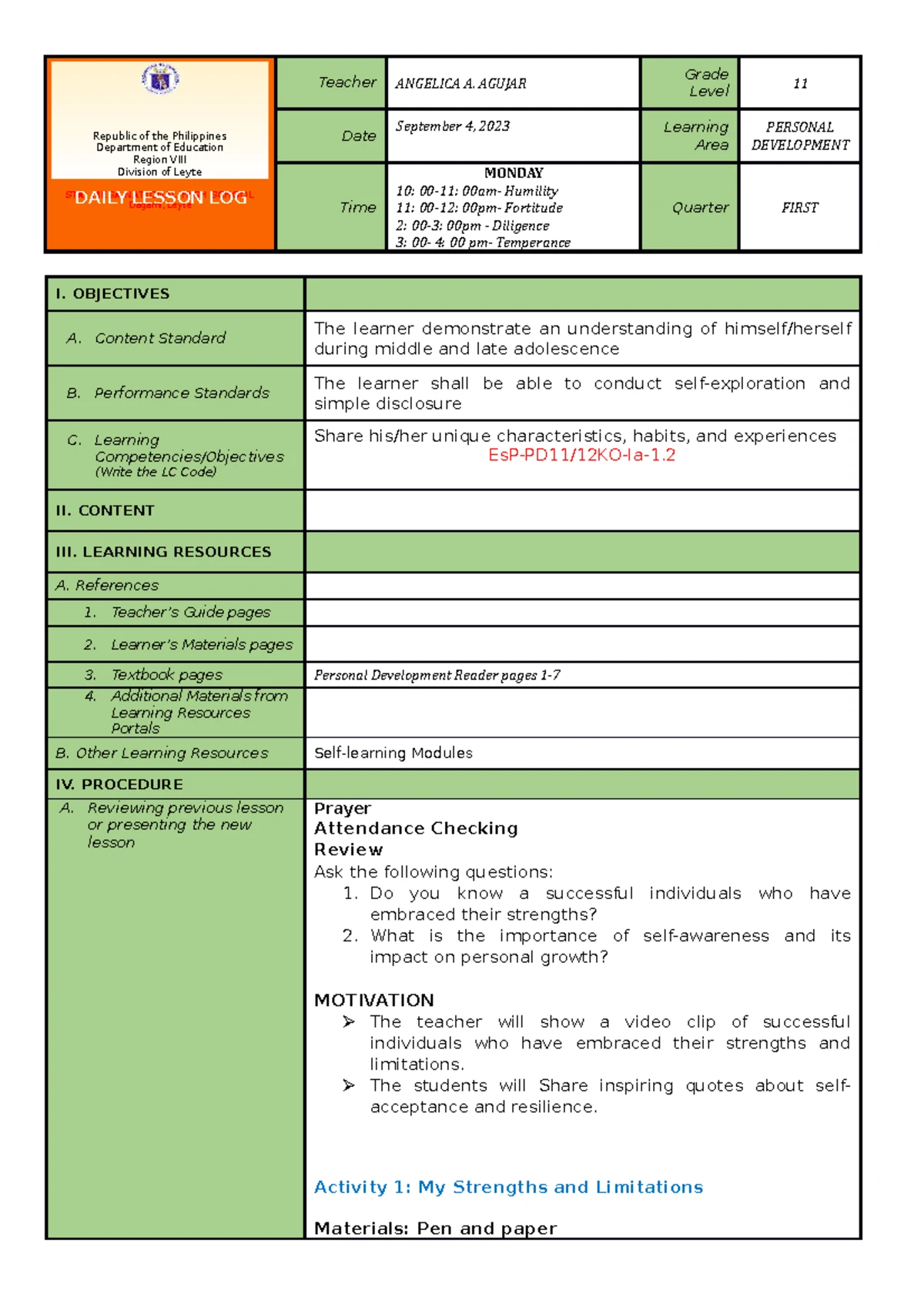 Week 1 LP PerDev - Personal Development Lesson Plan for Grade 11 - Studocu
