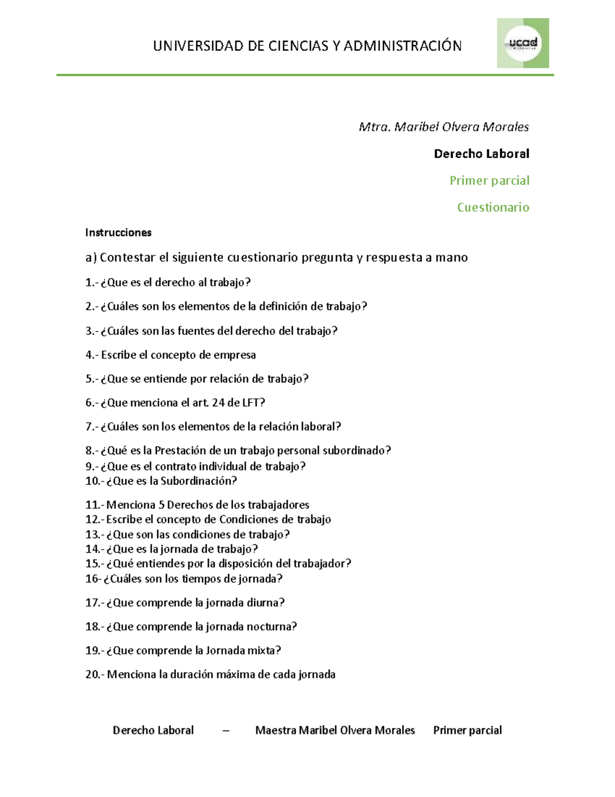 Derecho Laboral - Primer Parcial Cuestionario - Mtra. Maribel Olvera ...