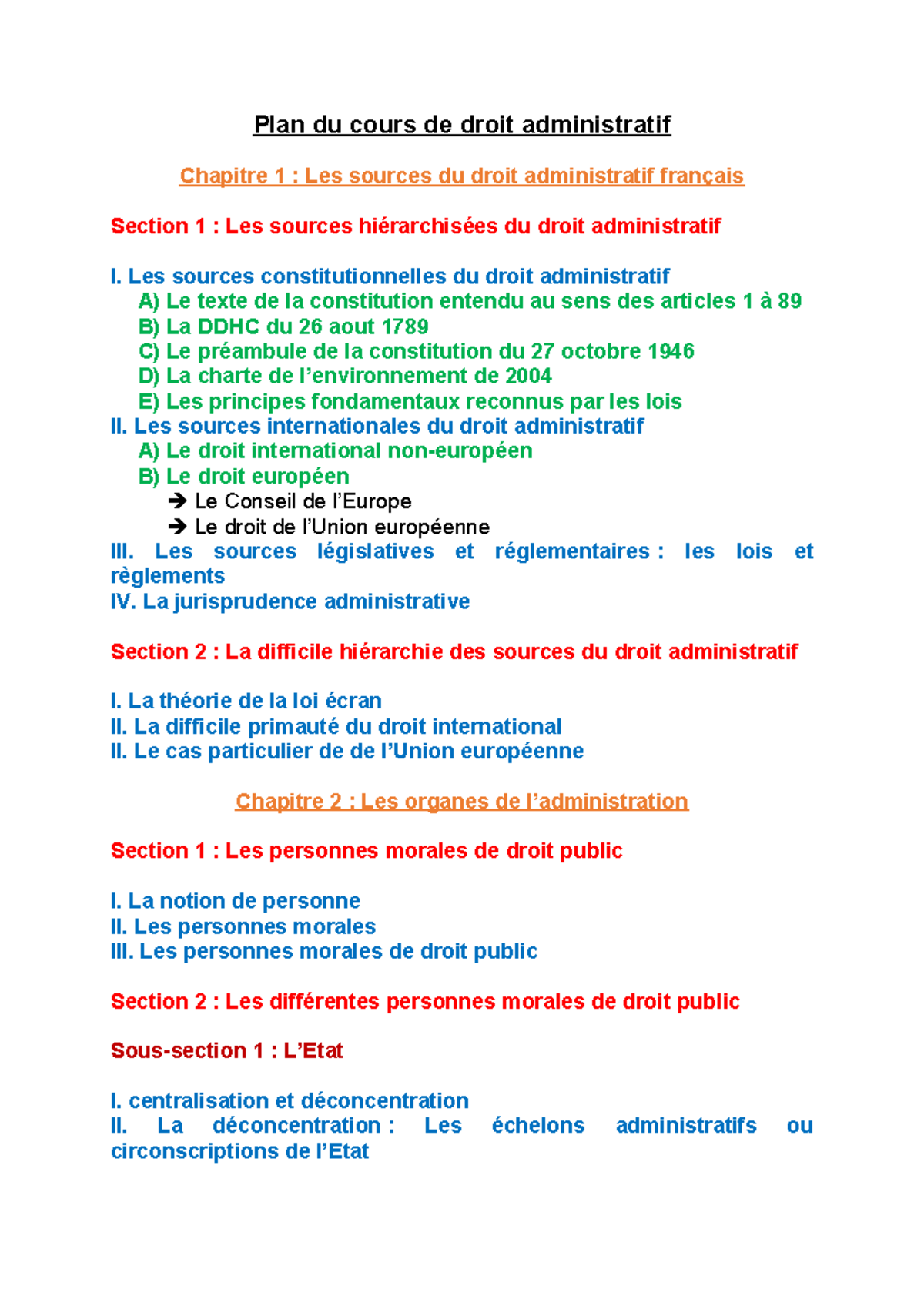Plan du cours de Droit Administratif - Chapitres 1 et 2 - Studocu