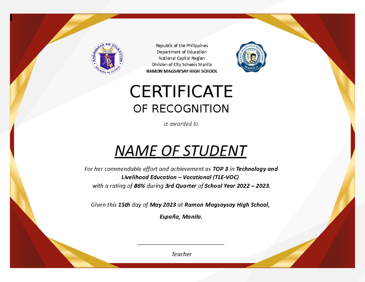 TLE-VOC Certificate of Recognition for Top 3 Achievement (SY 2022-2023 ...