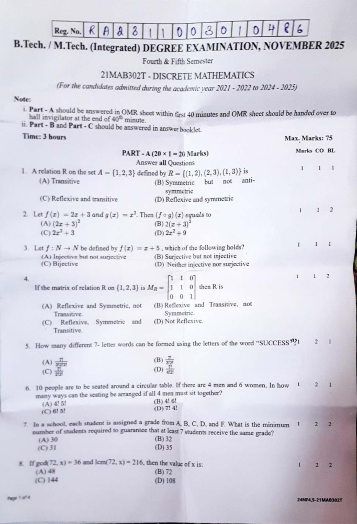 DM MAB302T NOV 2025 - Discrete Mathematics Question Paper - Studocu