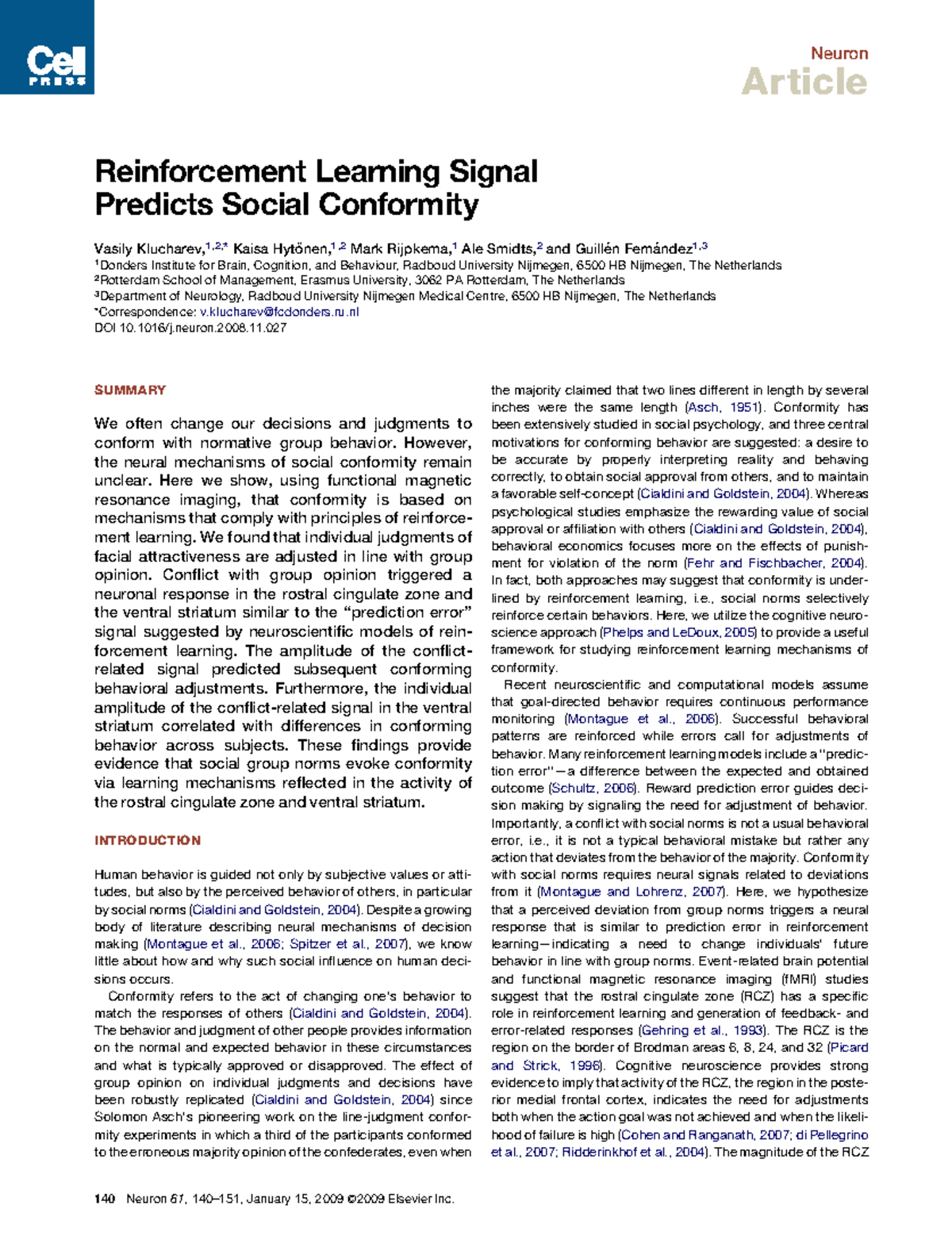 Reinforcement Learning and Social Conformity: Insights from fMRI ...