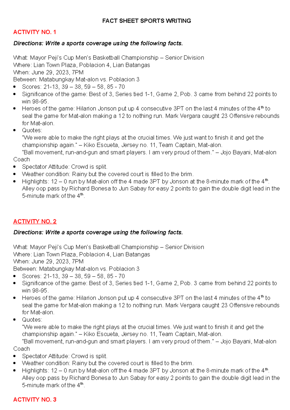 Sports Writing Activity: Mayor Cup Basketball Championship Coverage ...