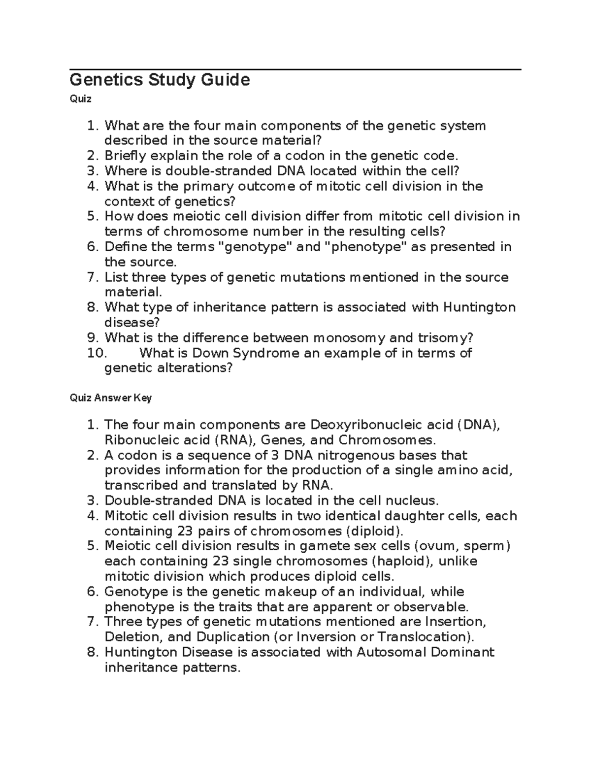 Genetics Study Guide: Quiz 1 & Essay Questions Overview - Studocu