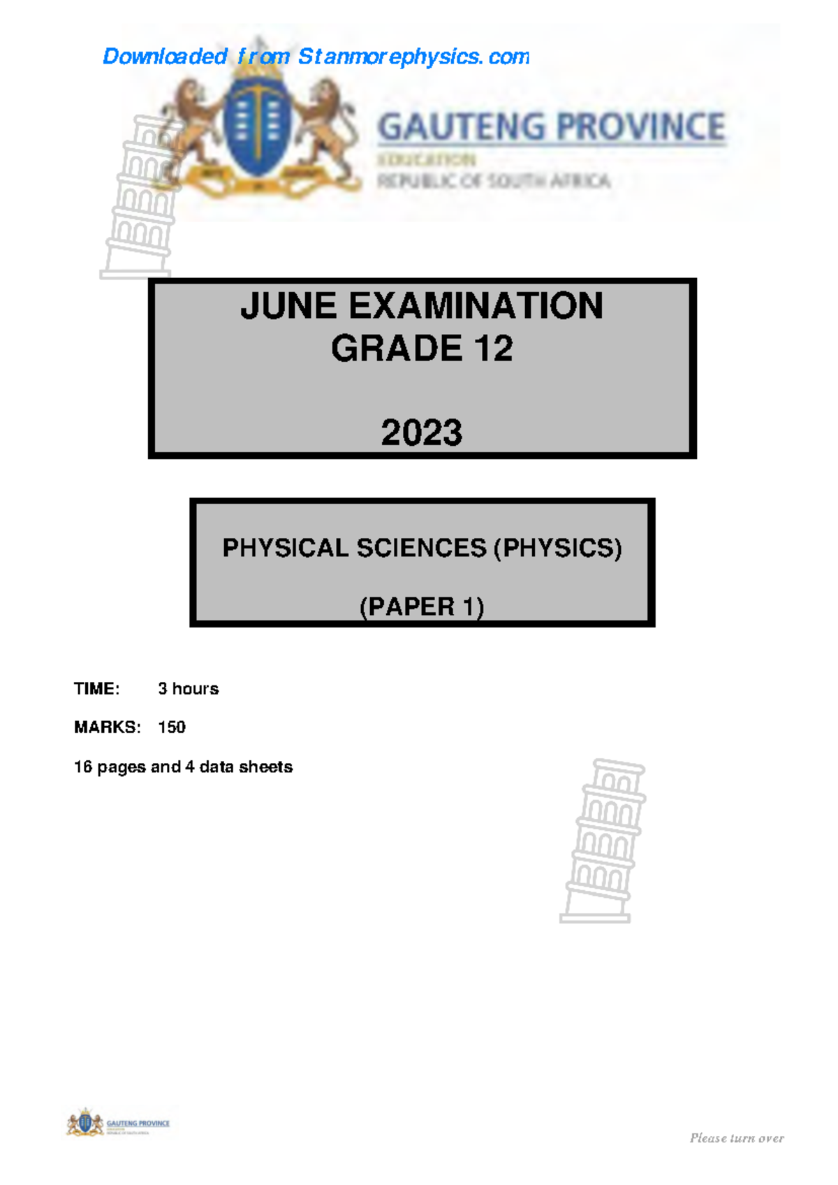 GP Physical Sciences Grade 12 June 2023 P1 and Memo - JUNE EXAMINATION ...