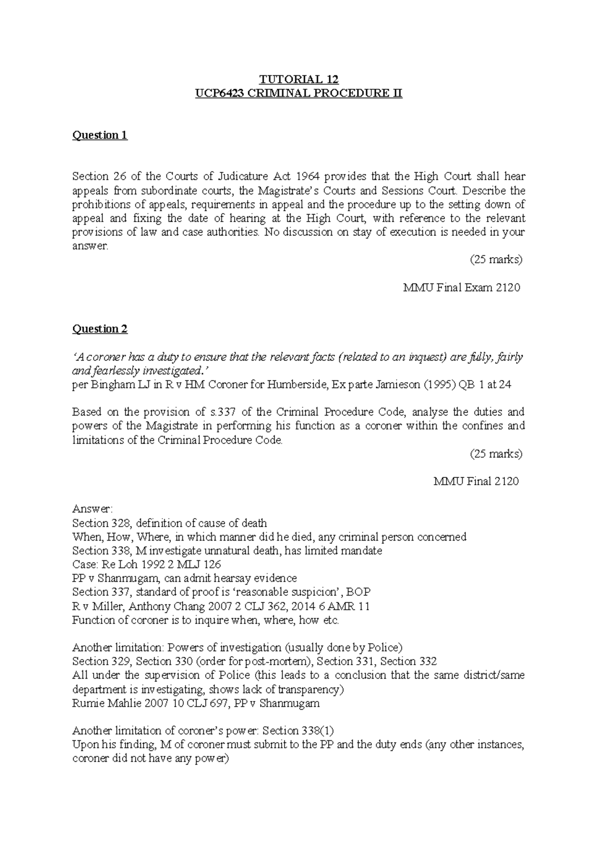 UCP6423 Tutorial 12: Criminal Procedure II - Appeals & Coroner Duties ...