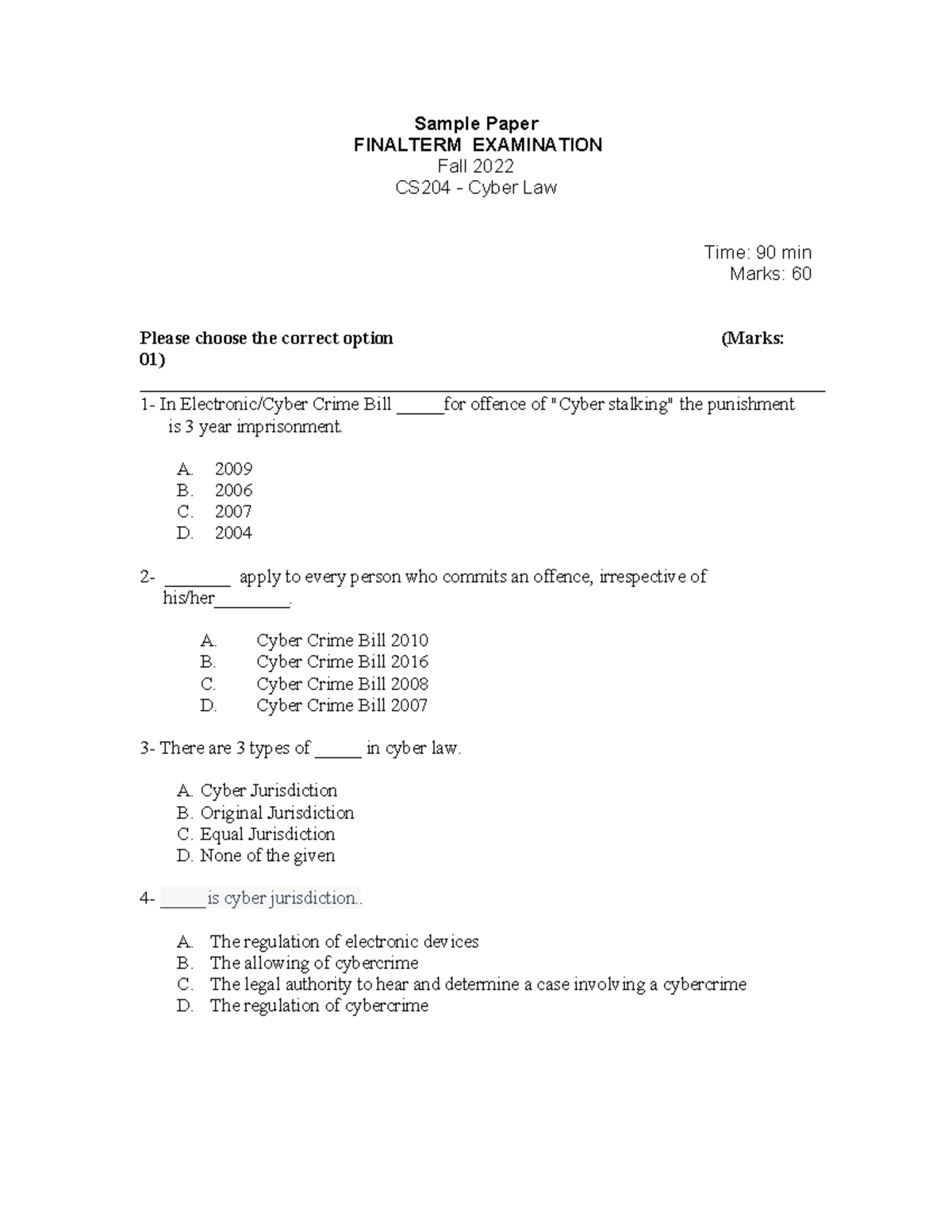 Final Term Exam Sample Paper for CS 204: Cyber Law (Fall 2022) - Studocu