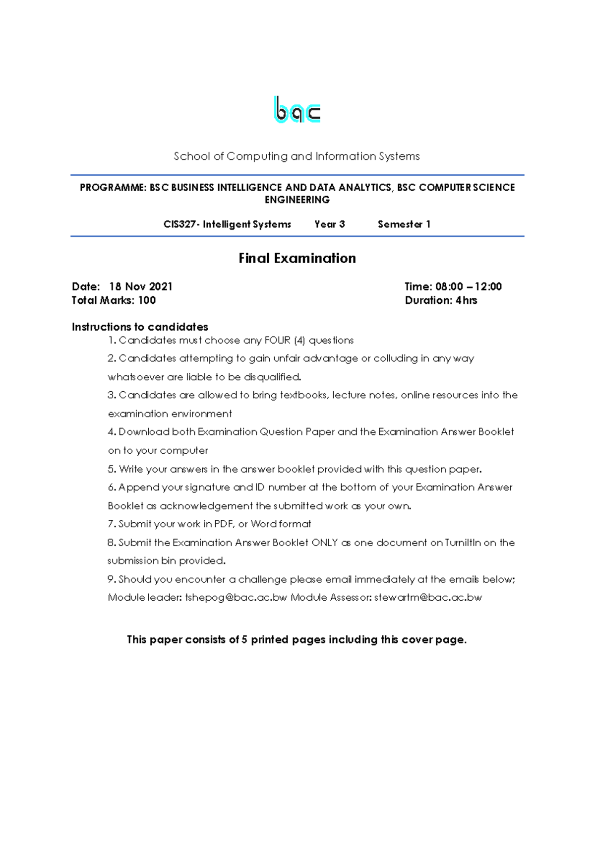 CIS327 Final Exam - Intelligent Systems 2021 Paper Overview - Studocu