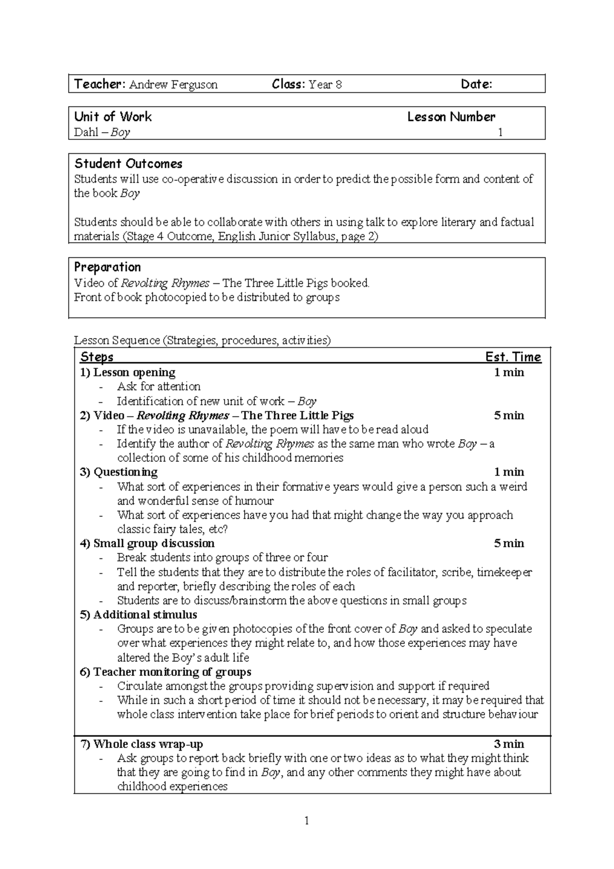 Boy lessonplans - Lesson plans - Unit of Work Lesson Number Dahl – Boy ...