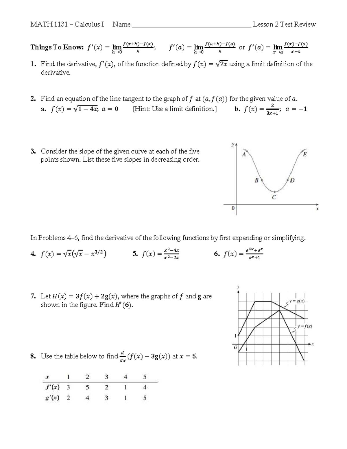 MATH 1131 Calculus I Lesson 2 Test Review: Key Concepts & Derivatives ...