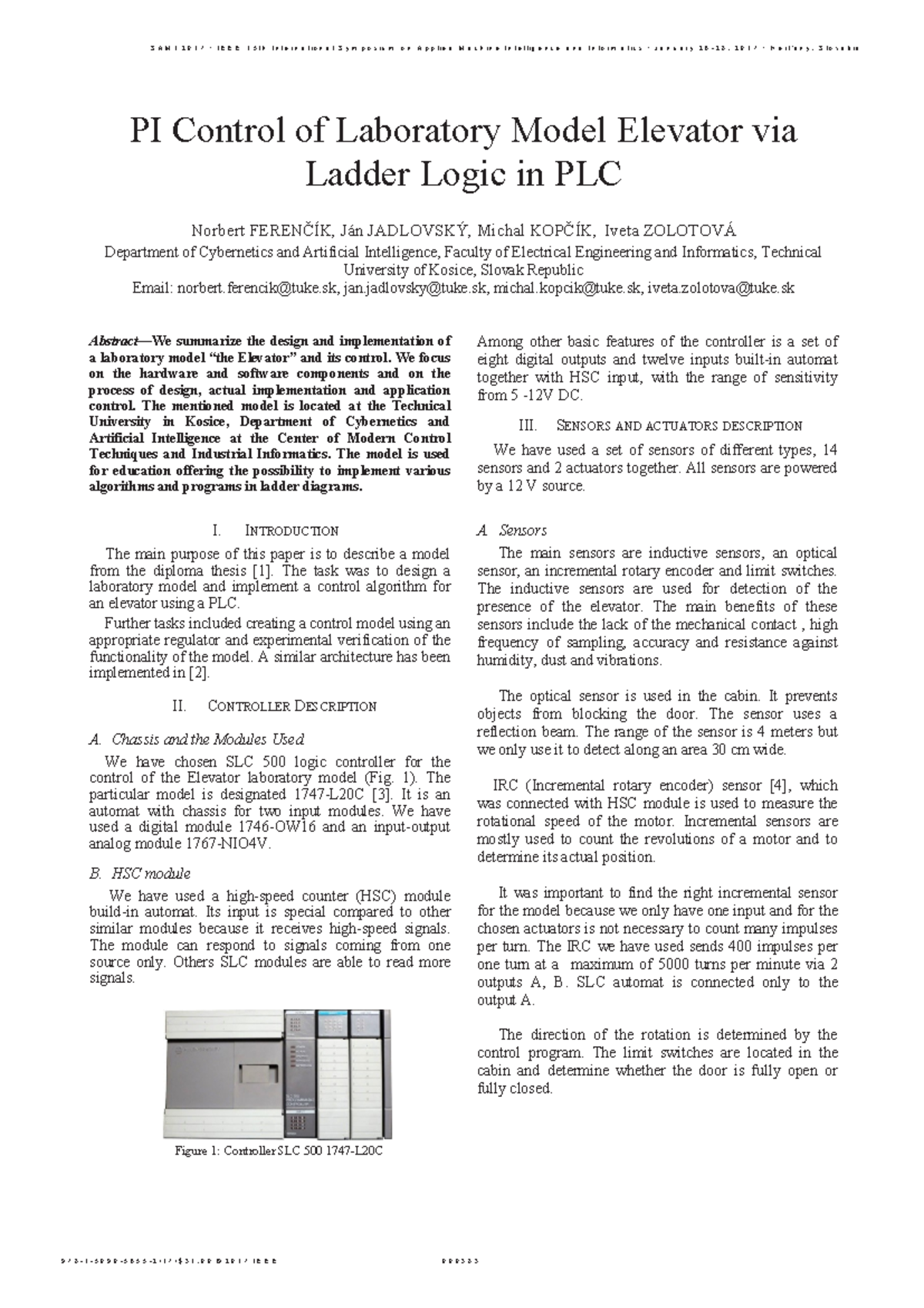 SAMI 2017: PI Control of Elevator Model via Ladder Logic in PLC - Studocu