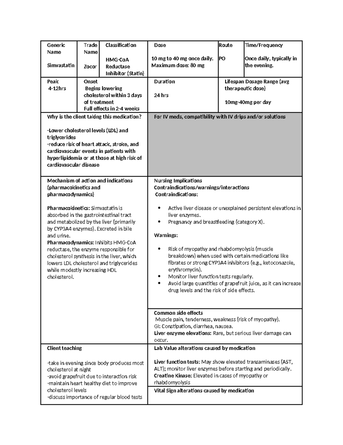 Simvastatin (Zocor) Med Card: Overview, Actions & Nursing Implications ...