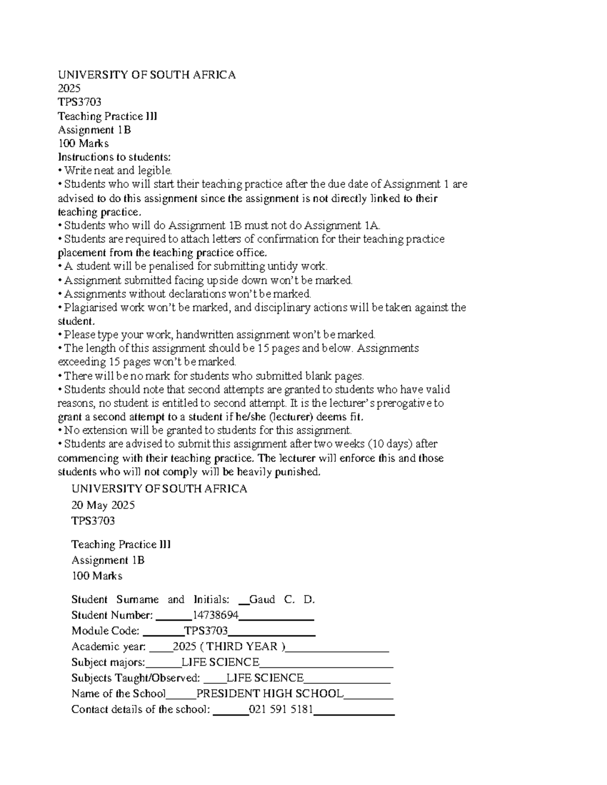 TPS3703 Teaching Practice Assignment 1B: Insights from President High School - Studocu