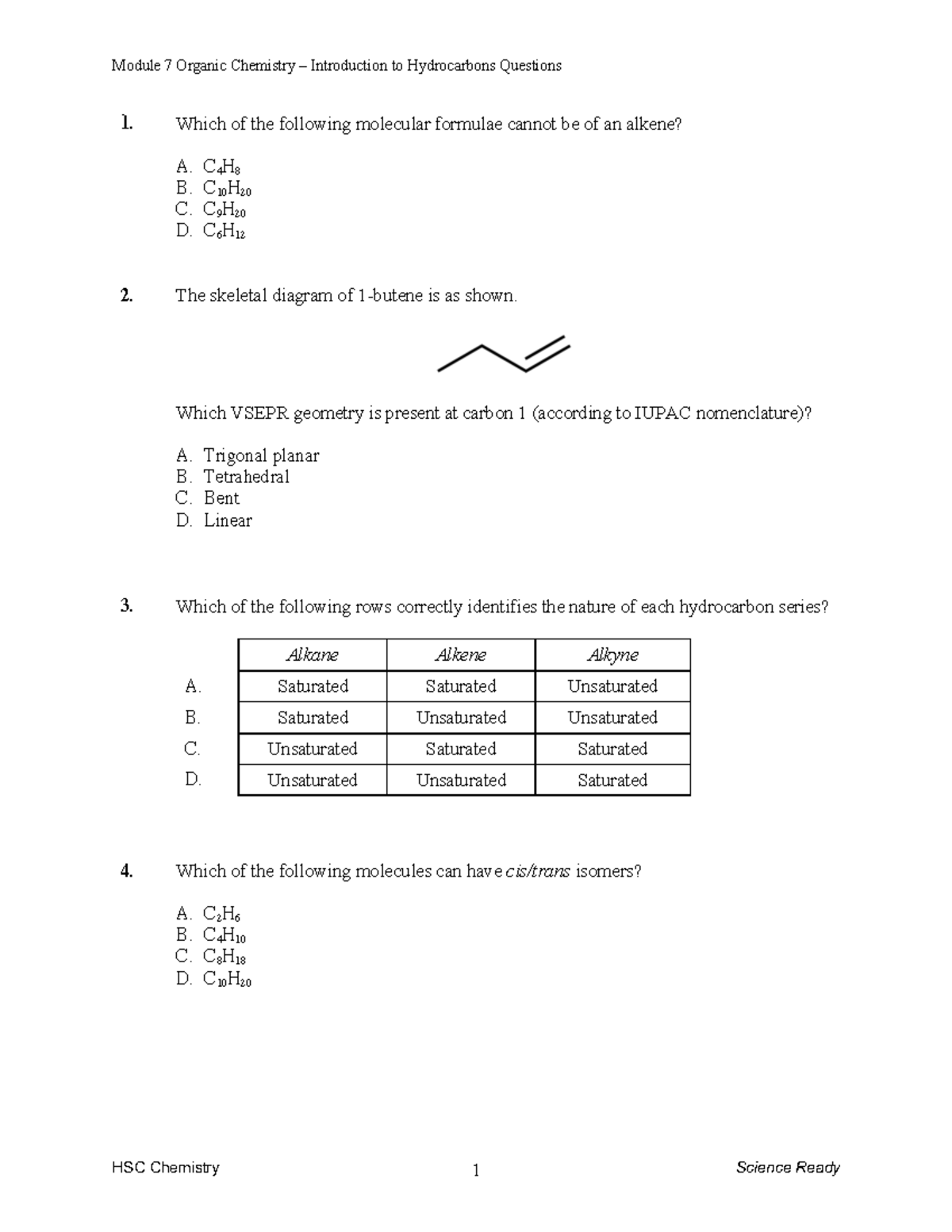 HSC Chemistry Module 7: Organic Chemistry - Hydrocarbons Questions ...