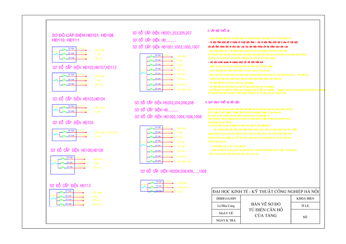 Bản vẽ sơ đồ tủ điện căn hộ của tầng - 2p-40a cv 2x1, cv 2x2,5+e2, 1p ...