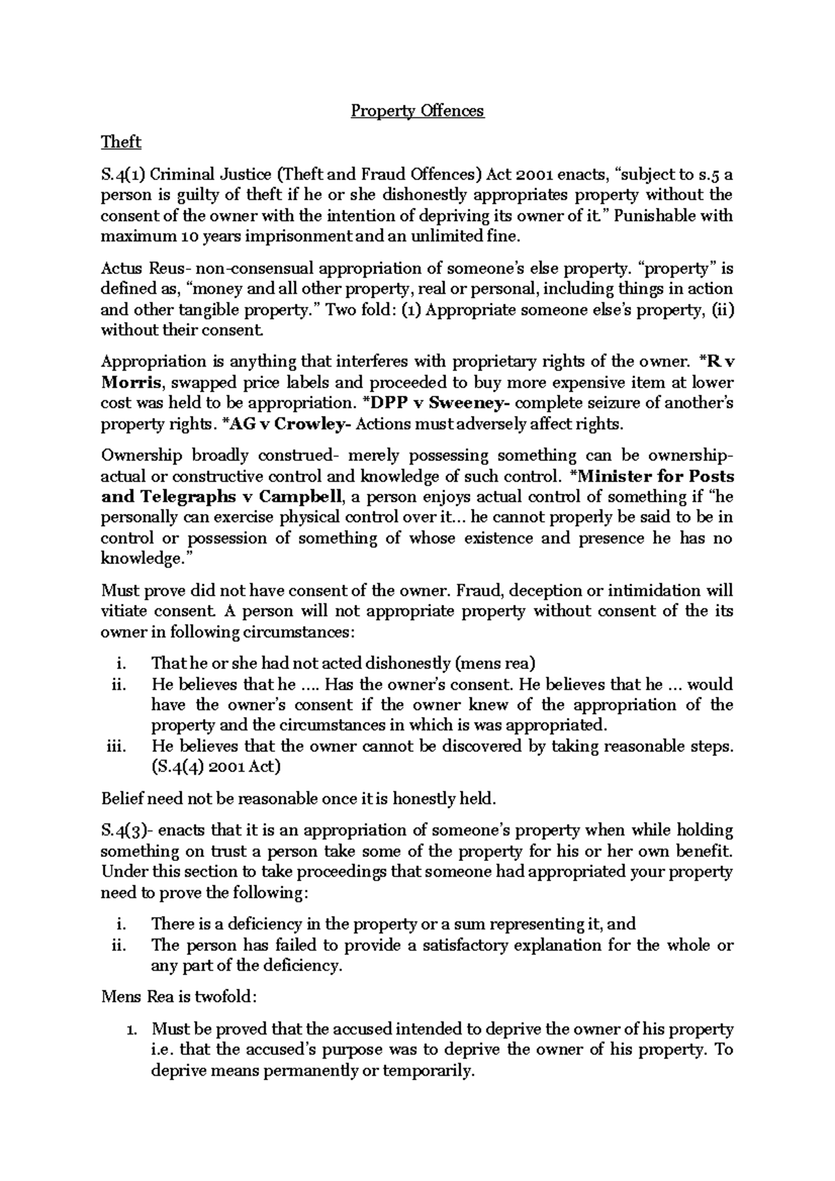 Property Offences Overview - Summary of Fe1 Manual Chapter 8 - Studocu