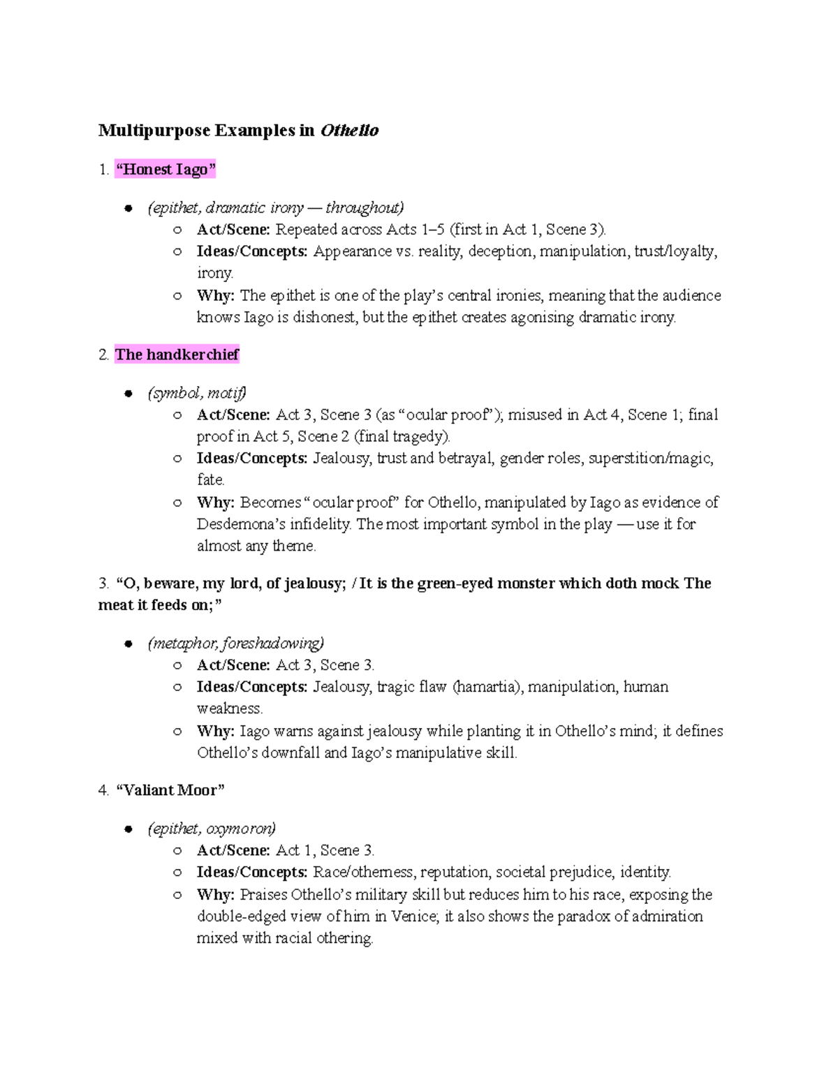 Othello (ENG 101) Dramatic Irony & Themes Across Acts - Studocu