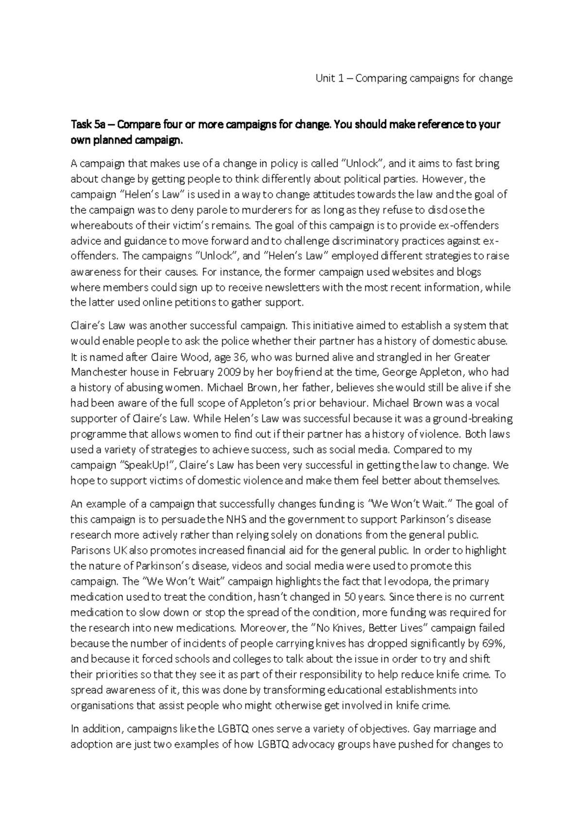 Unit 1 Criminology Change Campaigns: A Comparative Analysis - Studocu