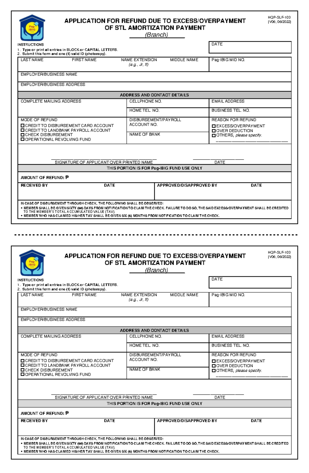 Form for Refund Application - HQP-SLF-103 - Studocu