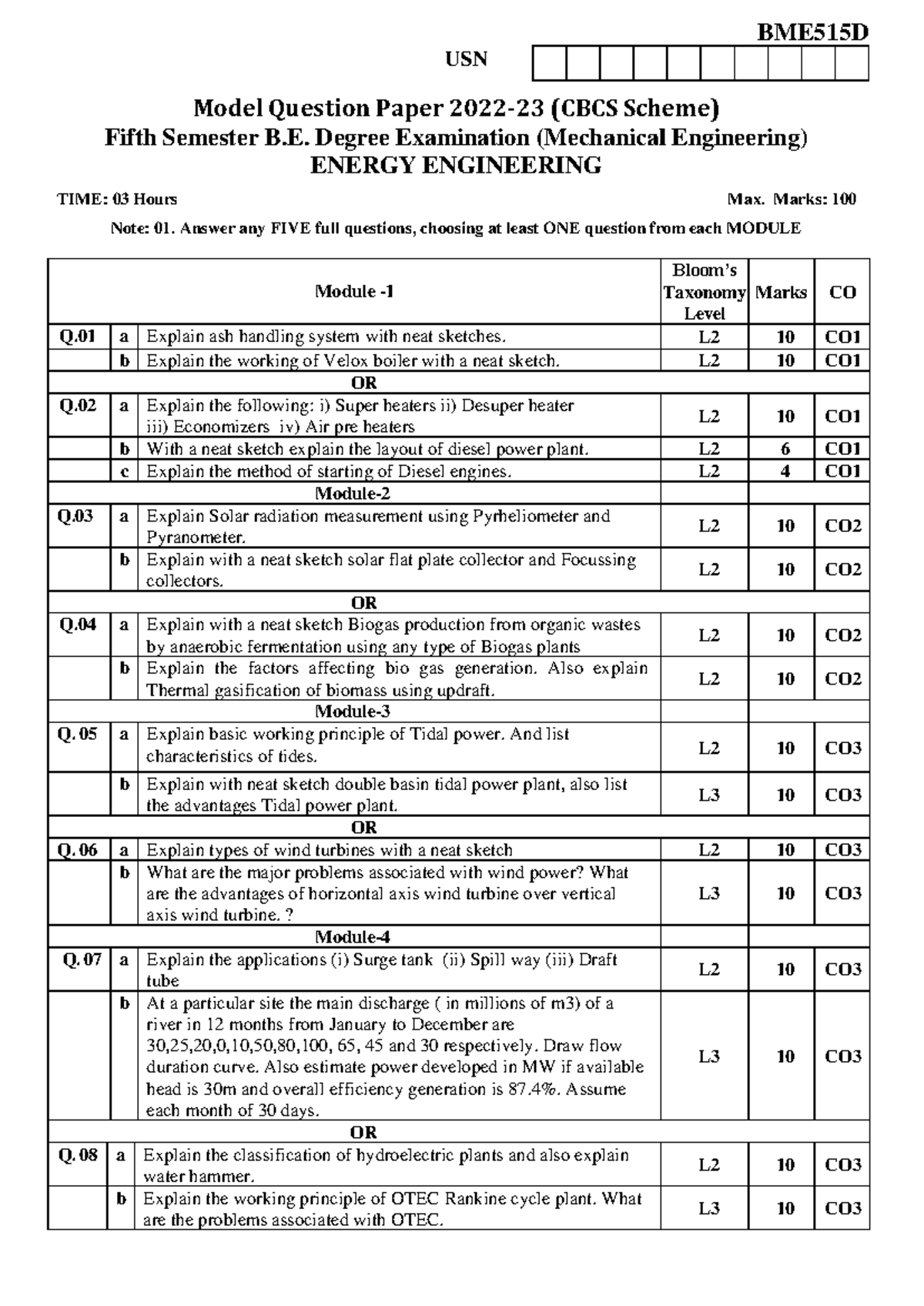 Bme515d Energy Engineering Model Question Paper For 5th Sem Be 2611