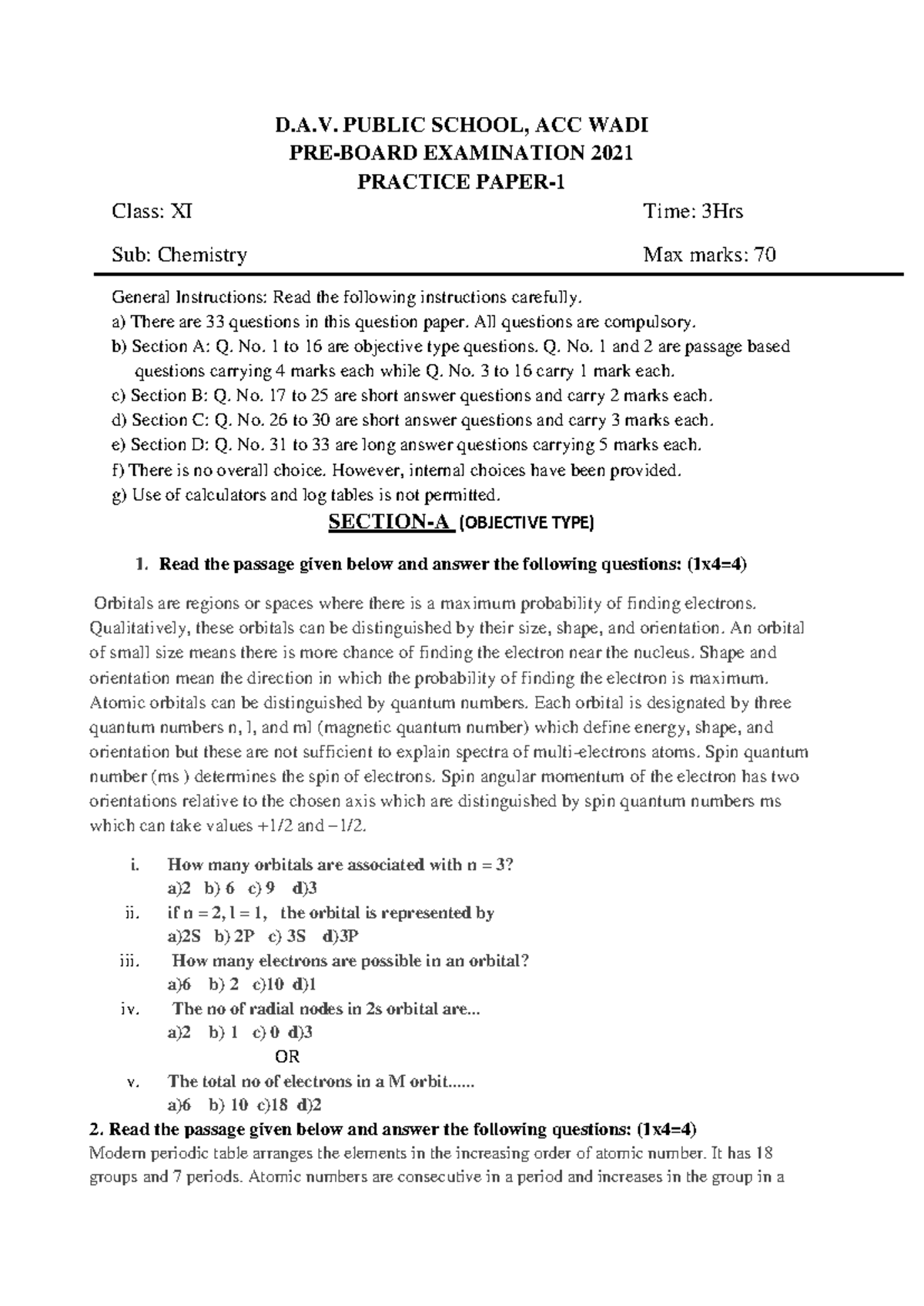 Class XI Chemistry Pre-Board Exam Practice Paper 2021 - Studocu