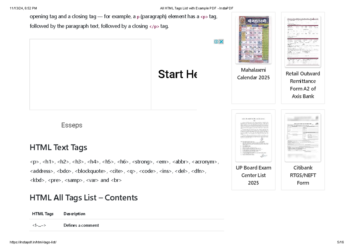 HTML Tags List with Examples: Complete Reference Guide - Studocu