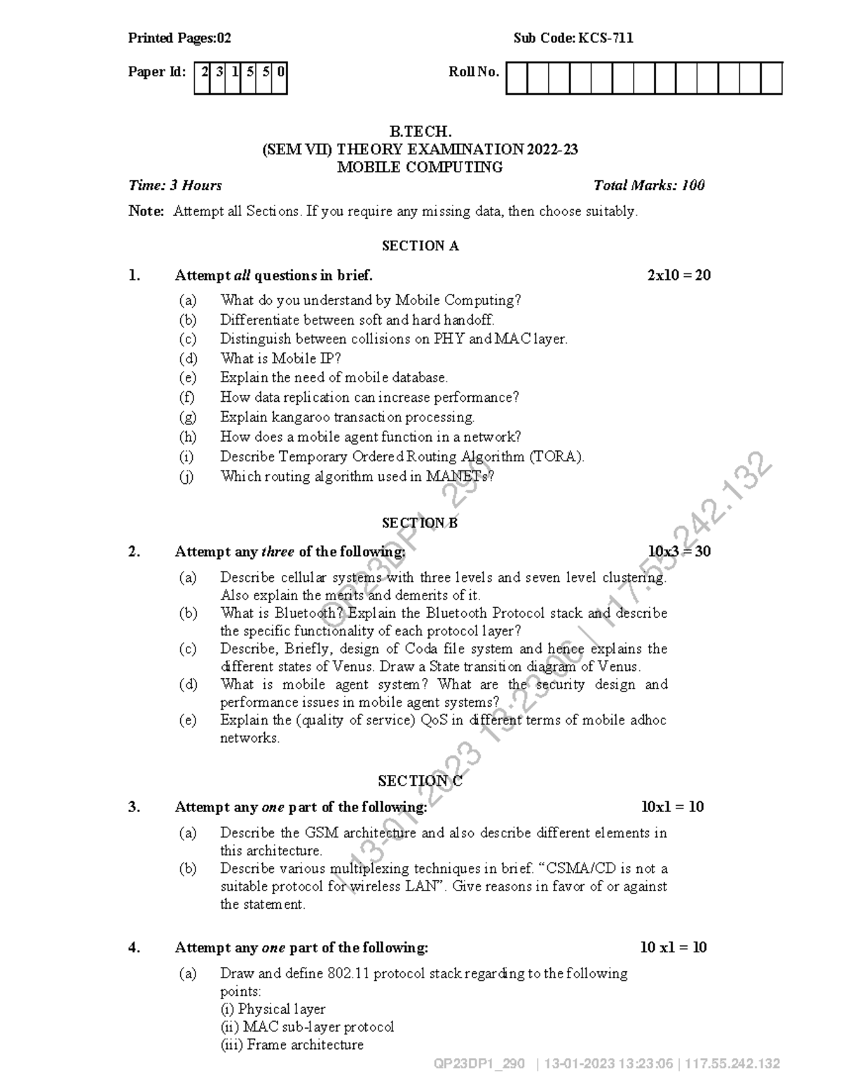Mobile Computing Final Exam - KCS711 Semester VII QP23DP1_ - Studocu