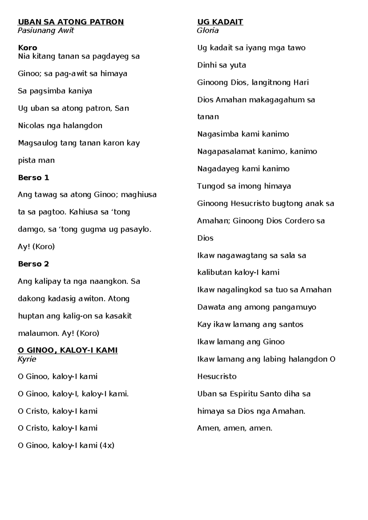 UBAN SA ATONG PATRON: Lyrics sa Mass Songs - Studocu