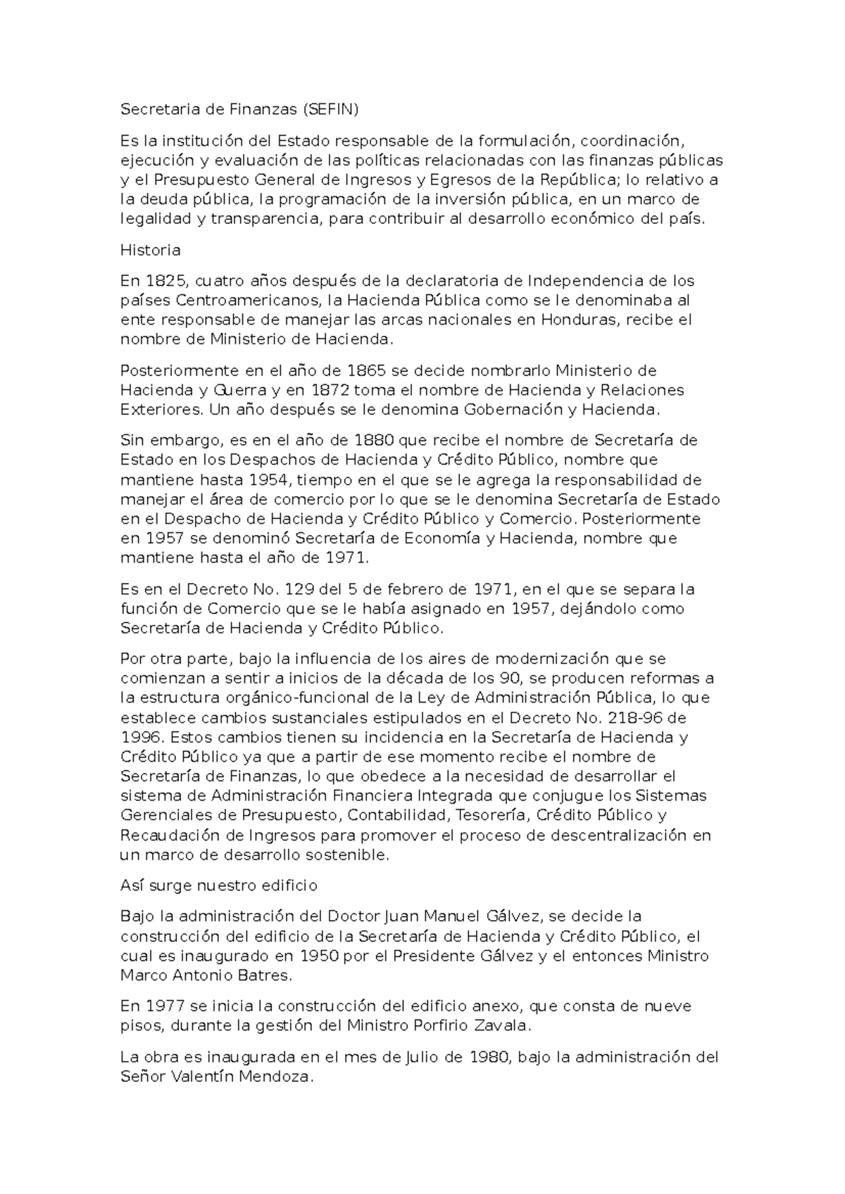 Historia y Objetivos de la Secretaría de Finanzas (SEFIN) en Honduras ...