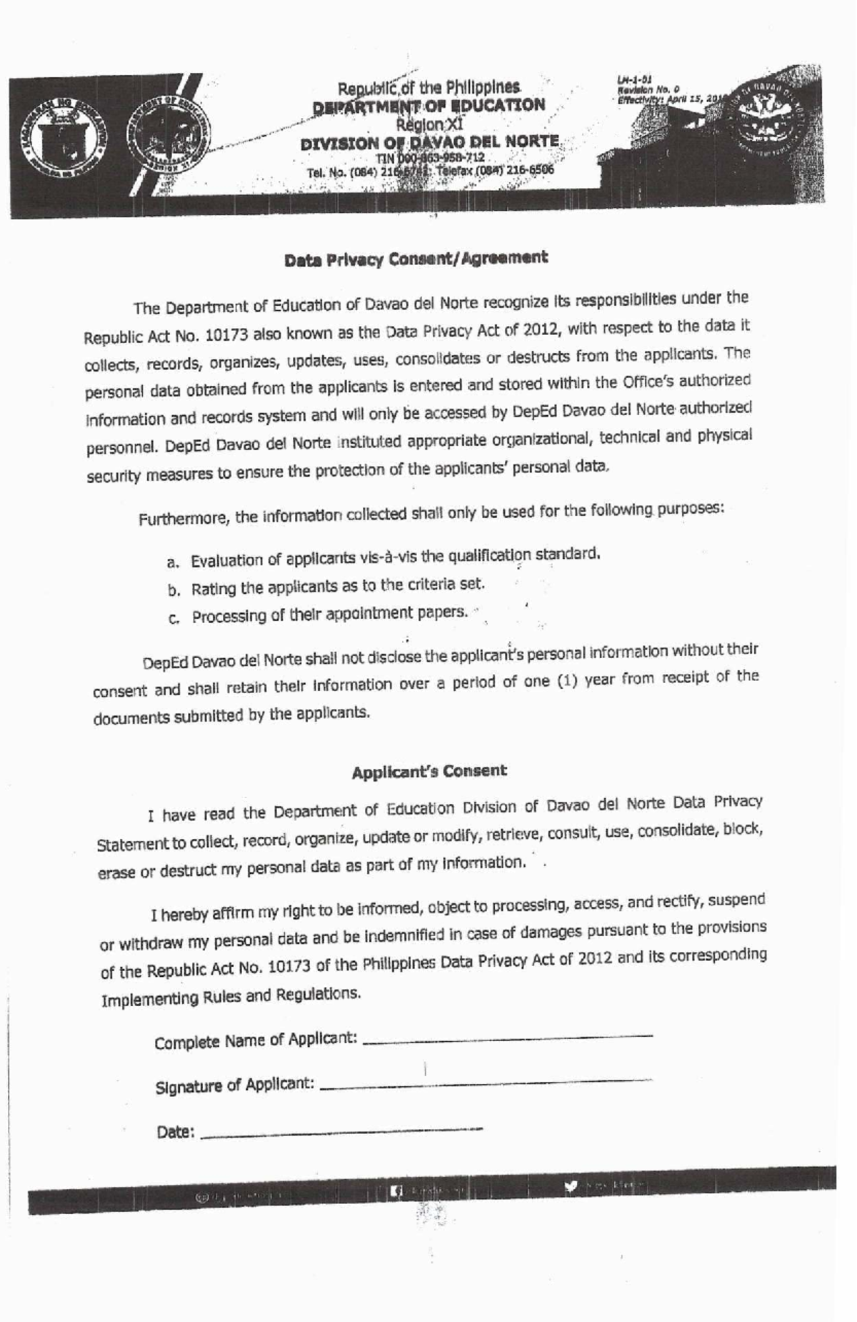 Data Privacy Form - DepEd Davao del Norte Compliance - Studocu