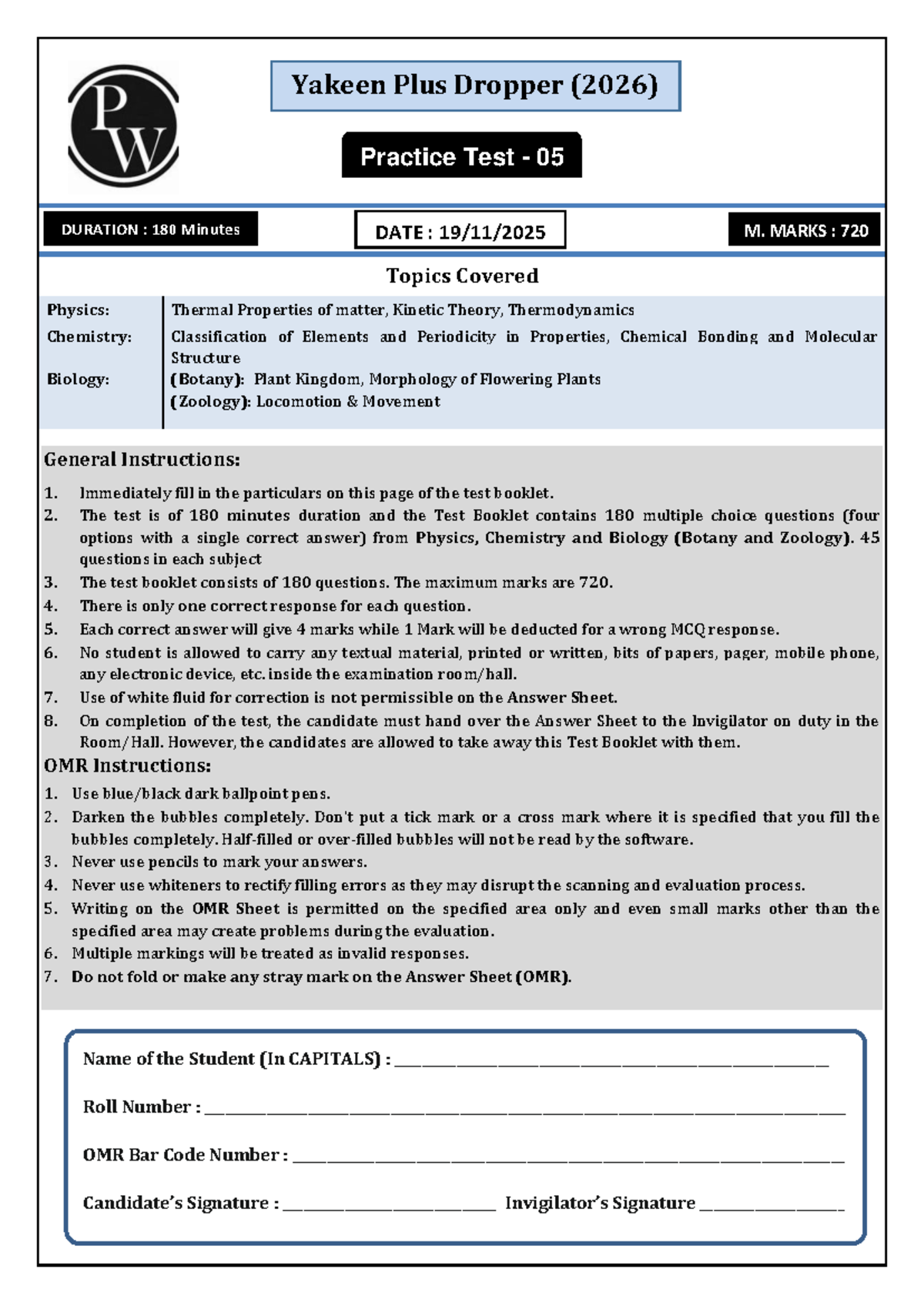 Yakeen Plus Dropper (2026) NEET Practice Test 05 - 180 Min MCQs - Studocu