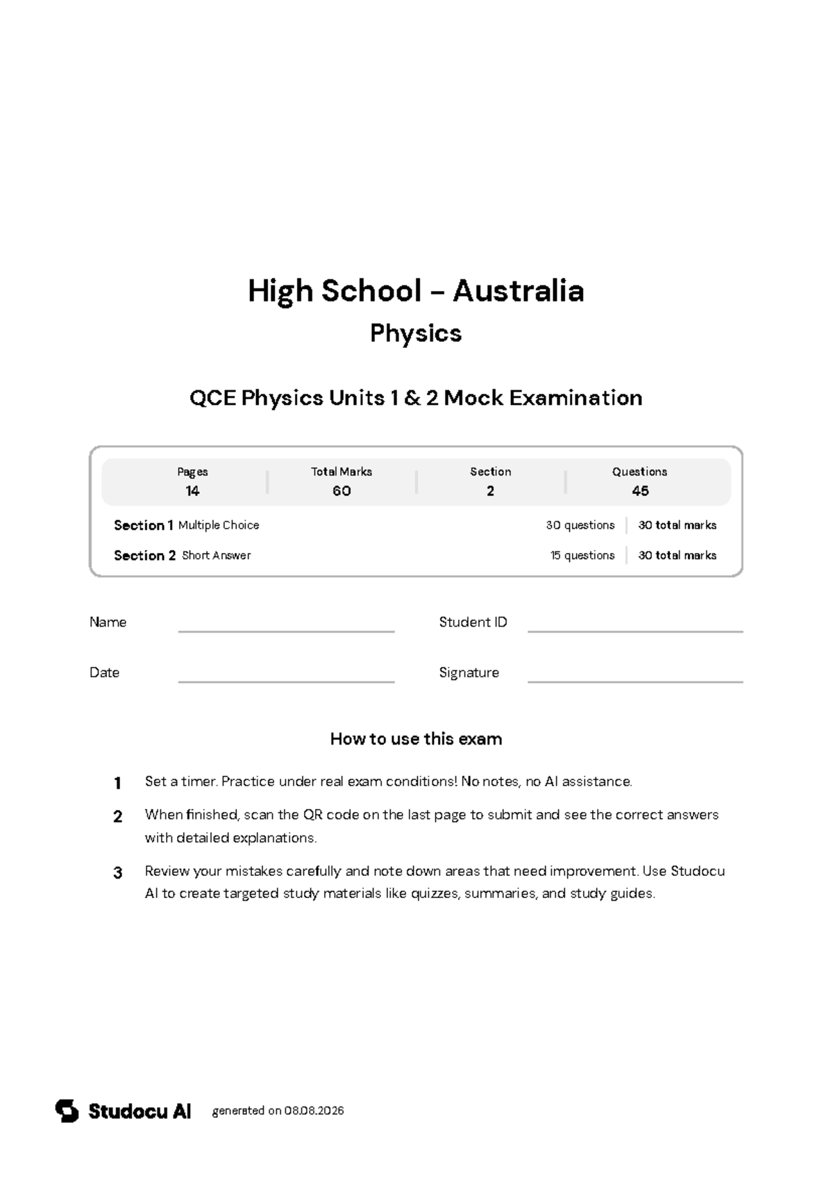 QCE Physics Units 1 & 2 Mock Exam - Studocu