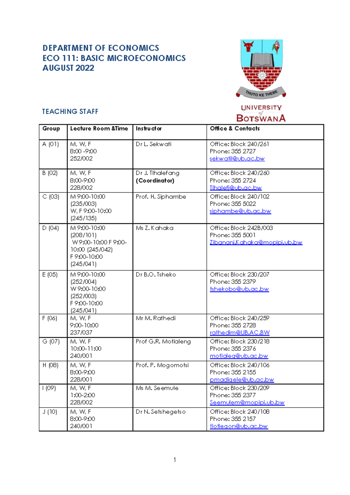ECO 111 - Course Outline - DEPARTMENT OF ECONOMICS ECO 111: BASIC ...