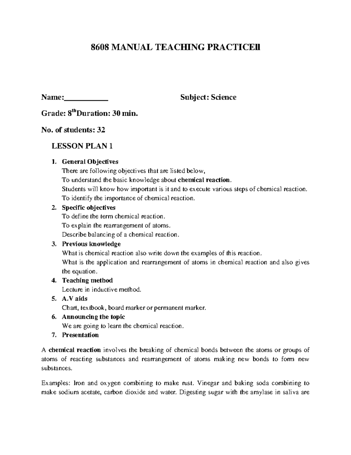 8608 MANUAL TEACHING PRACTICE: Science Lesson Plans for 8th Grade - Studocu