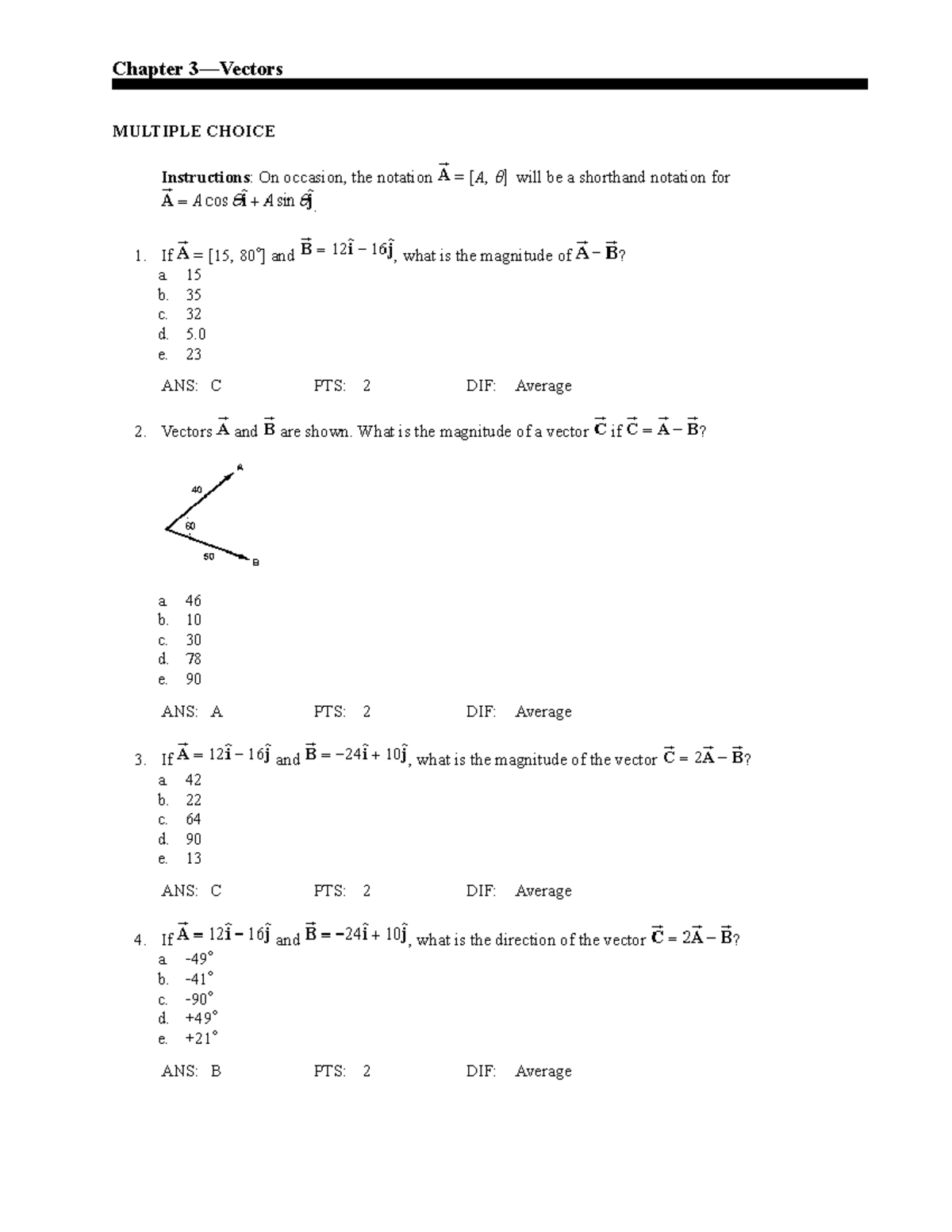 Phys 205 Chapter 03: Exploring Vectors Through Multiple Choice Questions - Studocu
