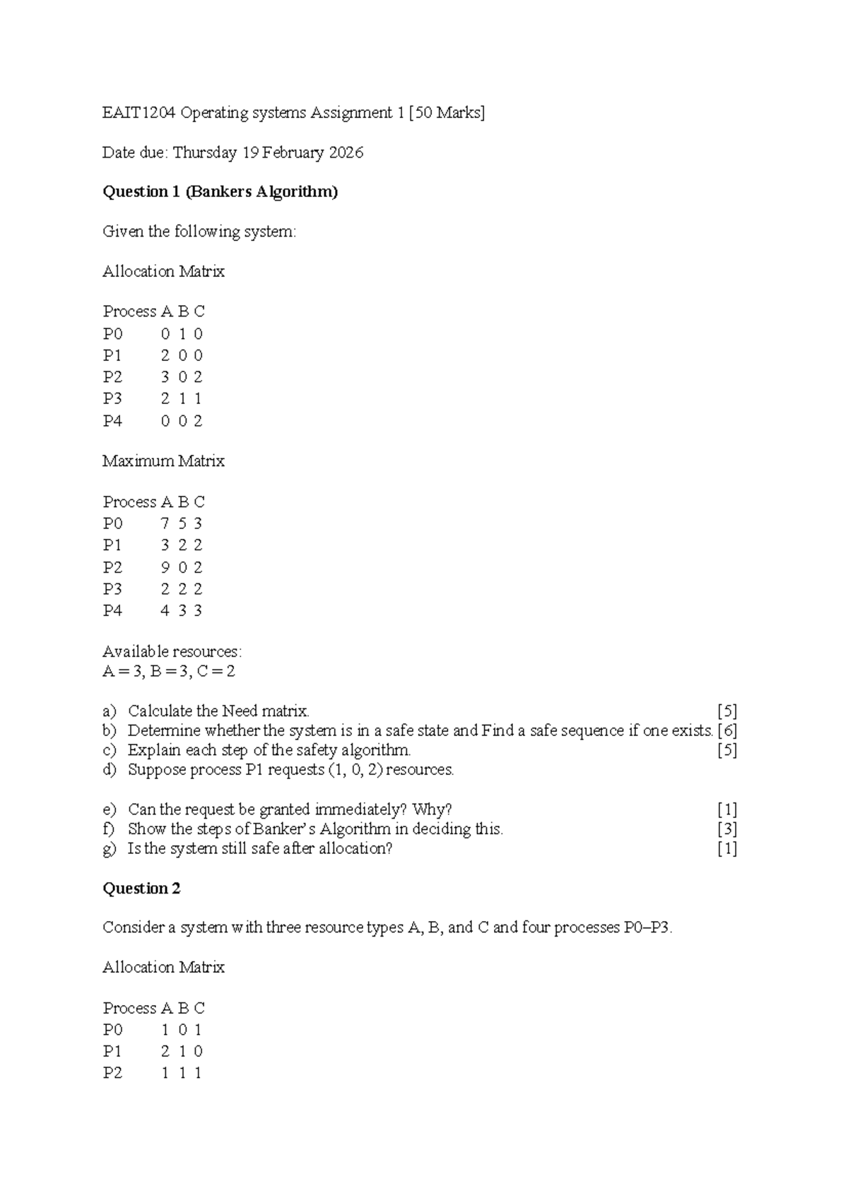 EAIT1204 Operating Systems Assignment 1: Bankers Algorithm & Scheduling ...
