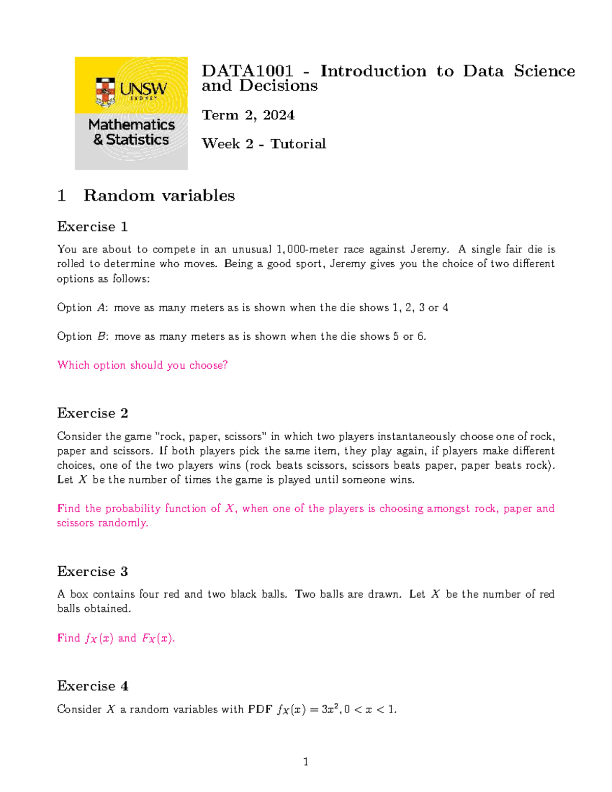DATA1001 Term 2, 2024 Week 2 Tutorial 1: Random Variables Exercises ...