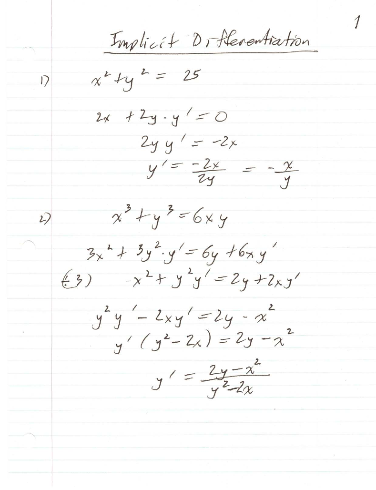 Implicit Differentiation Notes for Math 101 - Studocu