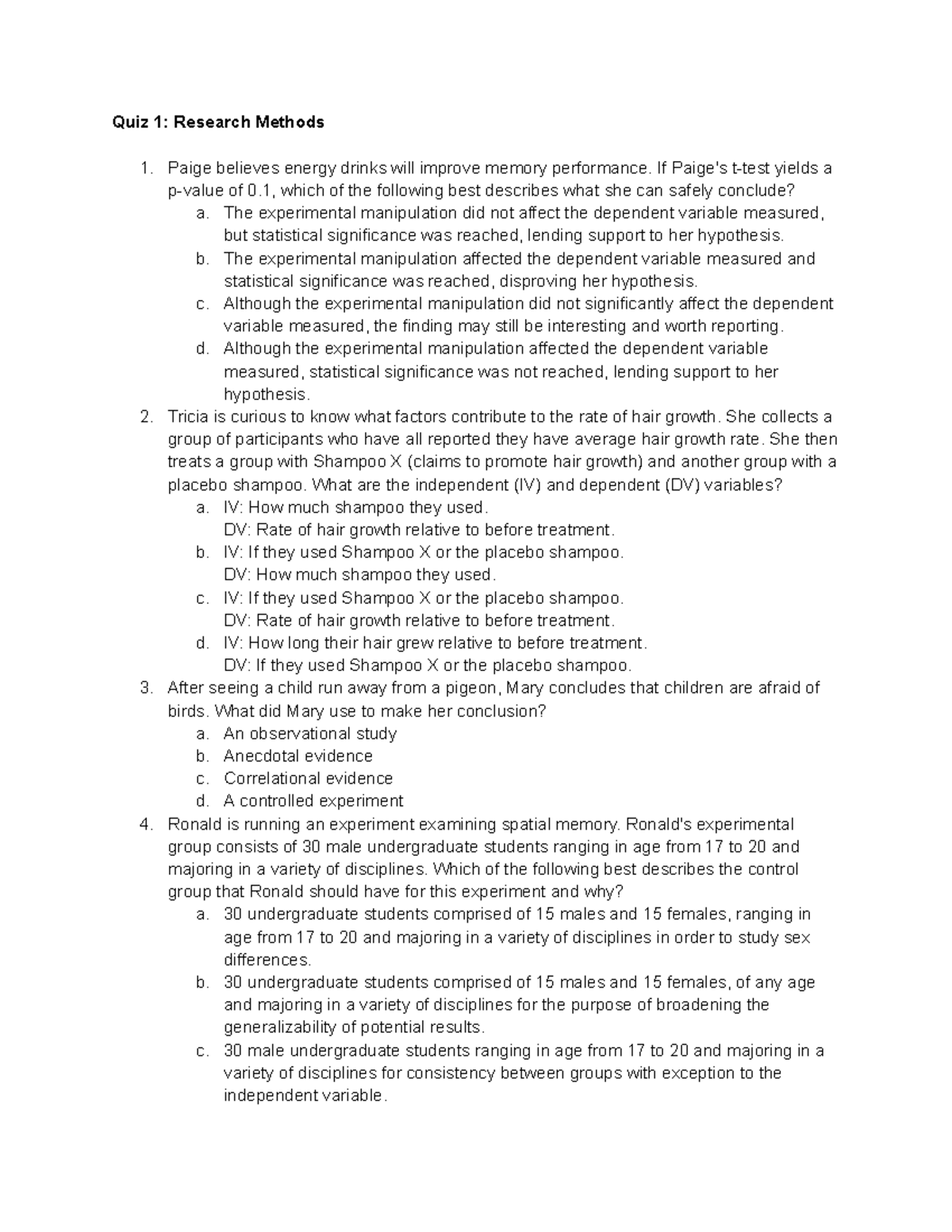 Quiz 1: Research Methods - Analyzing Experimental Design and Biases ...