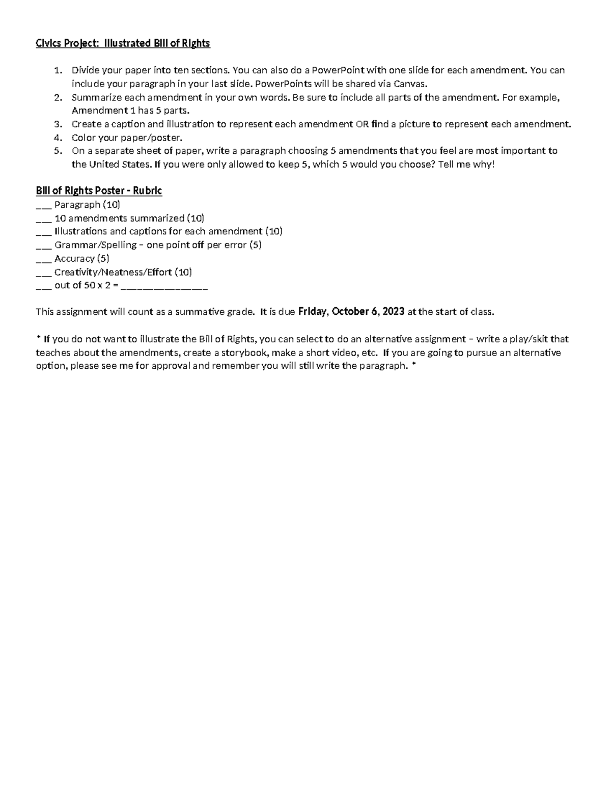 Civics Project: Illustrated Bill of Rights Summary & Guidelines 2023 ...