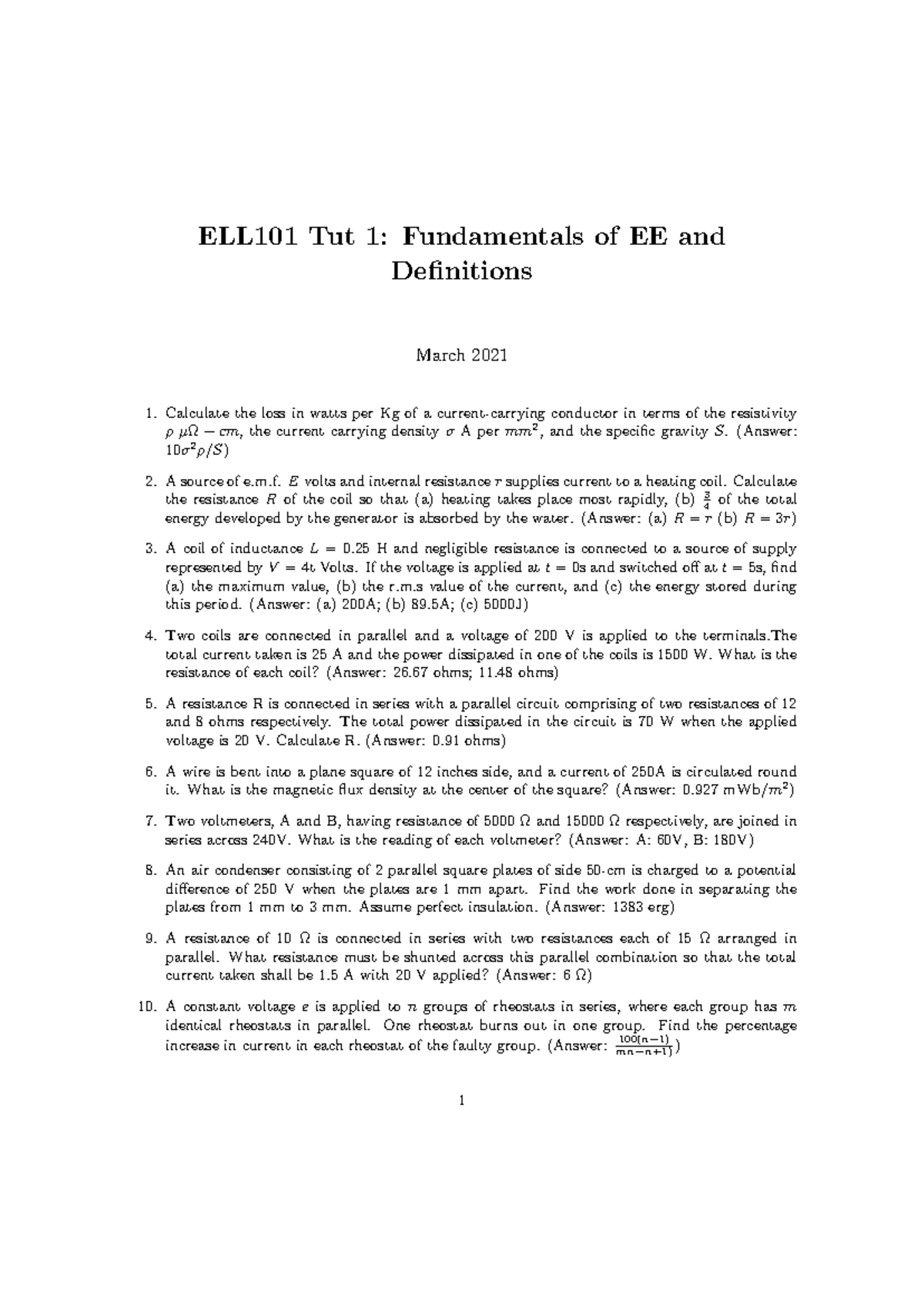 ELL 101 Tut1 - Tutorial Work of ELL101 course at IIT Delhi - ELL101 Tut ...